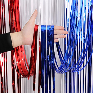 Yzurbu Red White & Blue Decorations, 3 Pack Tinsel Foil Fringe Backdrop Curtains and 2 Pack USA Flag Triangle Pennant Banner for 4th of July, Memorial Day, Labor Day, Patriotic Party