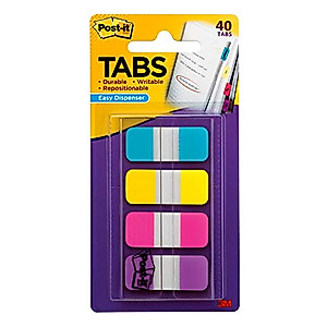 Post-it Tabs.625 in Solid, Aqua, Yellow, Pink, Violet, 10/Color, 40/Dispenser (676-AYPV) , Bright Colors , 5/8 x 1-1/2 in
