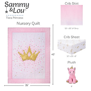Sammy & Lou Tiara Princess 4-Piece Baby Nursery Crib Bedding Set for Girls, Includes Quilt, Fitted Crib Sheet, Crib Skirt, and Plush Toy