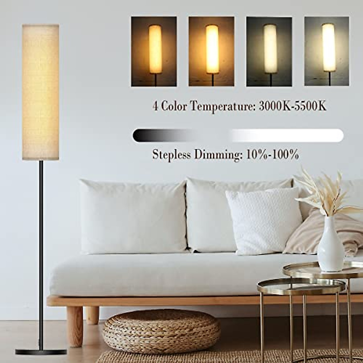 Tedgor Floor Lamp for Living Room, Adjustable LED Floor Lamp with Remote Control, Tall Modern Standing Lamp with Beige Lamp Shade, 12W LED Soft Light for Bedroom,Reading, Study Room Black