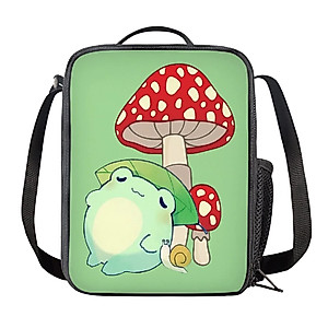 Uourmeti Frog Mushroom Insulated Lunch Box for Kids Lunch Bag Tote Reusable Food Pouches Cute Cartoon Lunchboxes for Teen Girls Boys Snack Holders for Toddlers with Shoulder Strap