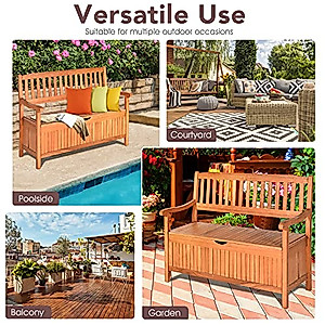 HAPPYGRILL Outdoor Storage Bench Wooden Deck Box with Removable Dustproof Liner, 33 Gal Wood Storage Loveseat Seating Furniture for Courtyard Garden Poolside