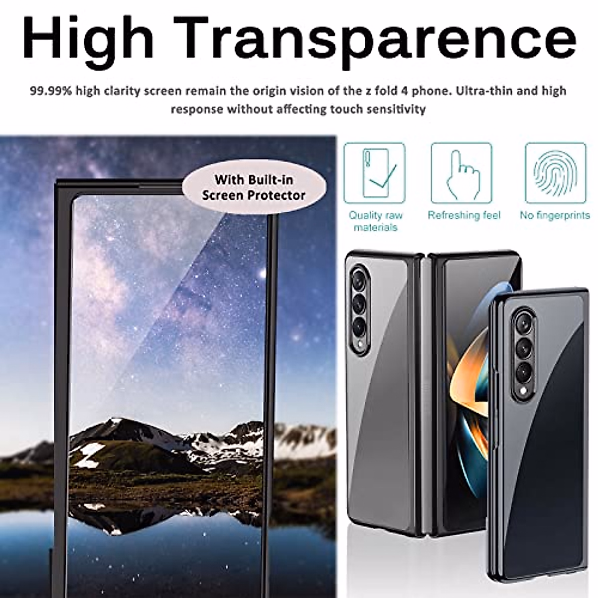 Miimall Compatible for Samsung Galaxy Z Fold 4 Case with Built-in Screen Protector, Hard PC Slim Thin Shockproof Heat Dissipation Shell Anti-Scratch Case Protector Bumper for Z Fold 4 5G 2022(Black)