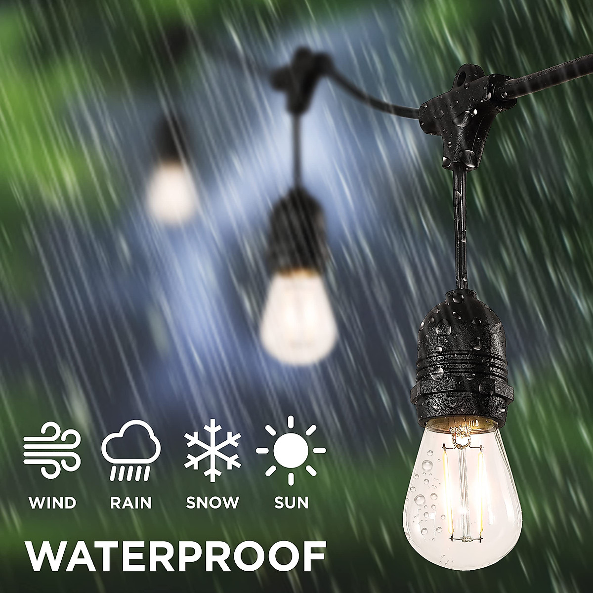 JONATHAN Y JYL8702A Indoor Outdoor Rustic Industrial LED S14 Edison Buld String Lights Garden Patio Backyard Porch Balcony, 48 ft. 15-Light, Black