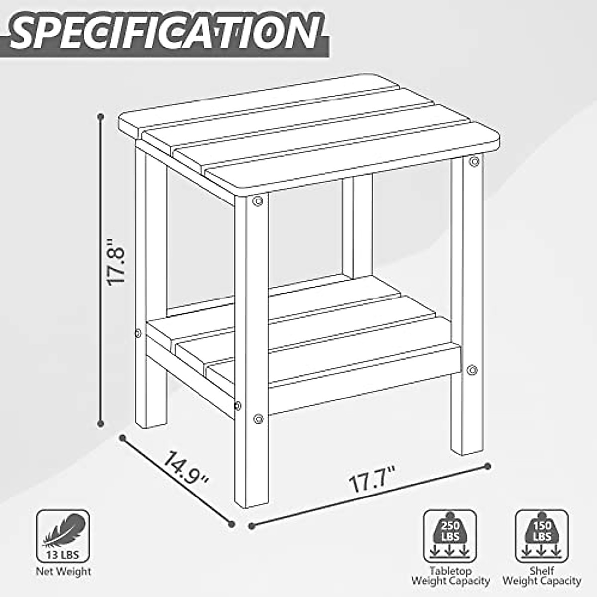 JINLLY Outdoor Side Table, 18 Inch Patio Small Adirondack Tables with Shelf, White Outdoor Polywood HDPE End Table for Outside, Pool, Porch, Garden, Beach, White
