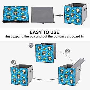 Monkeys and Bananas Canvas Collapsible Storage Bins Cube Organizer Baskets with Handles for Home Office Car