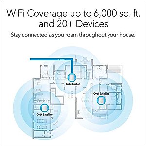 NETGEAR Orbi Tri-band Whole Home Mesh WiFi System with 2.2Gbps speed (RBK23) Router & Extender replacement covers up to 6,000 sq. ft., 3-pack includes 1 router & 2 satellites