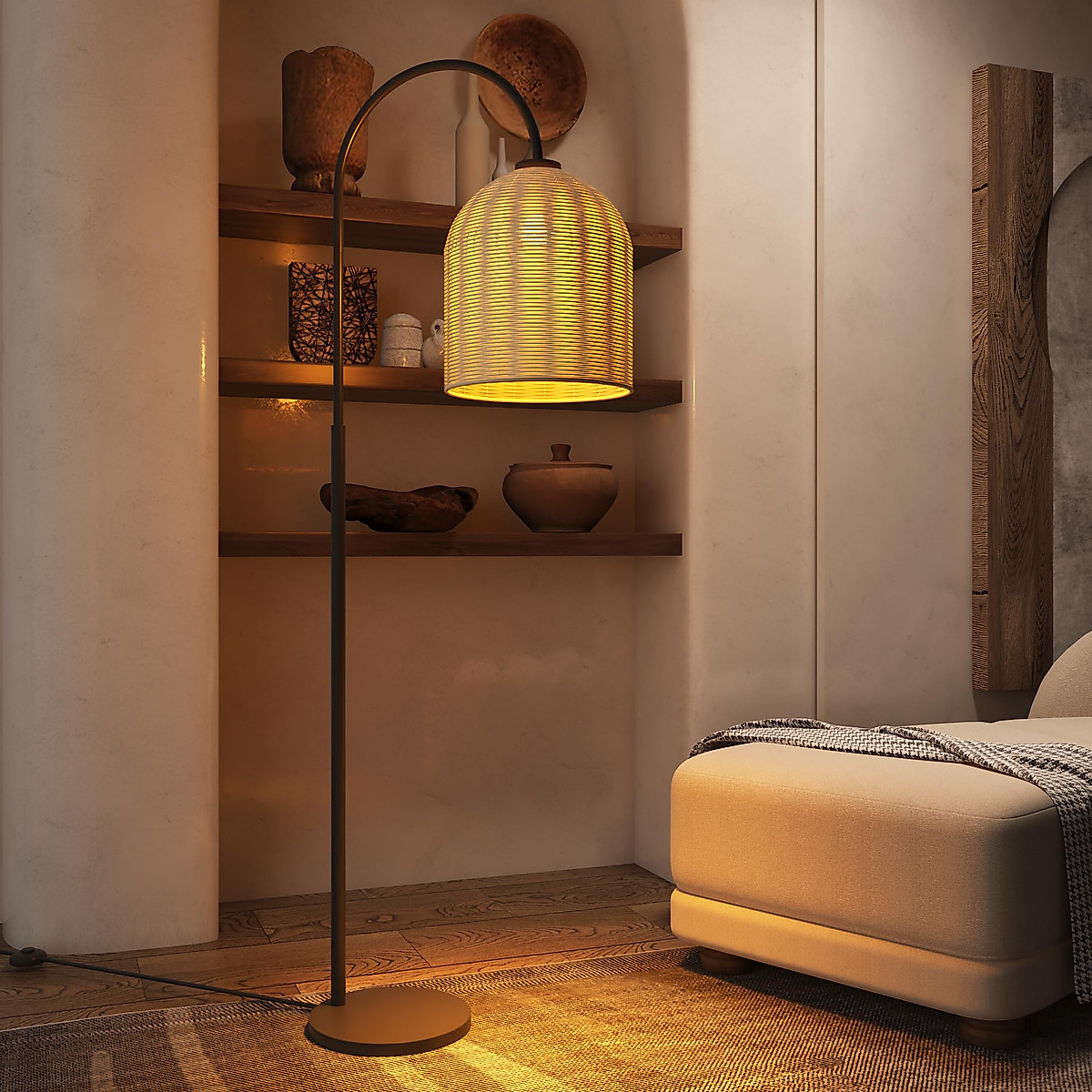 Rattan Floor Lamp, 63in. boho floor lamp with Natural Rattan Shade, Rustic Arc Standing Lamp for Coastal, Beach or Bohemian Style Decor, E26 Socket, On/Off Footswitch Lamp for living room, Bedroom