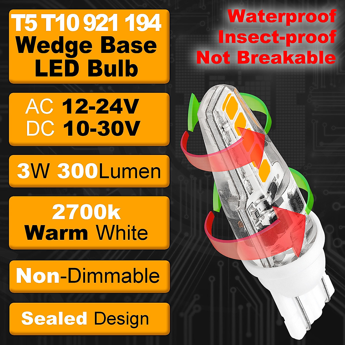 Hylroe T10 Wedge Base Landscape 194 921 LED Light Bulb 2700K Warm White 3W Equivalent 15W 20W Low Voltage AC/DC12V-24V T5 LED Bulb for Landsacpe Garden Deck RV Camper Marine Boat Dome Lighting, 8 Pack