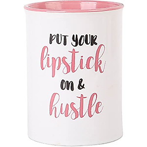 Palais Essentials bathroom decor Makeup Brush Holders Ceramic, Bathroom Accessories Make Up Cup Holder for Vanity Countertops (Lipstick Hustle, 4" Diameter)