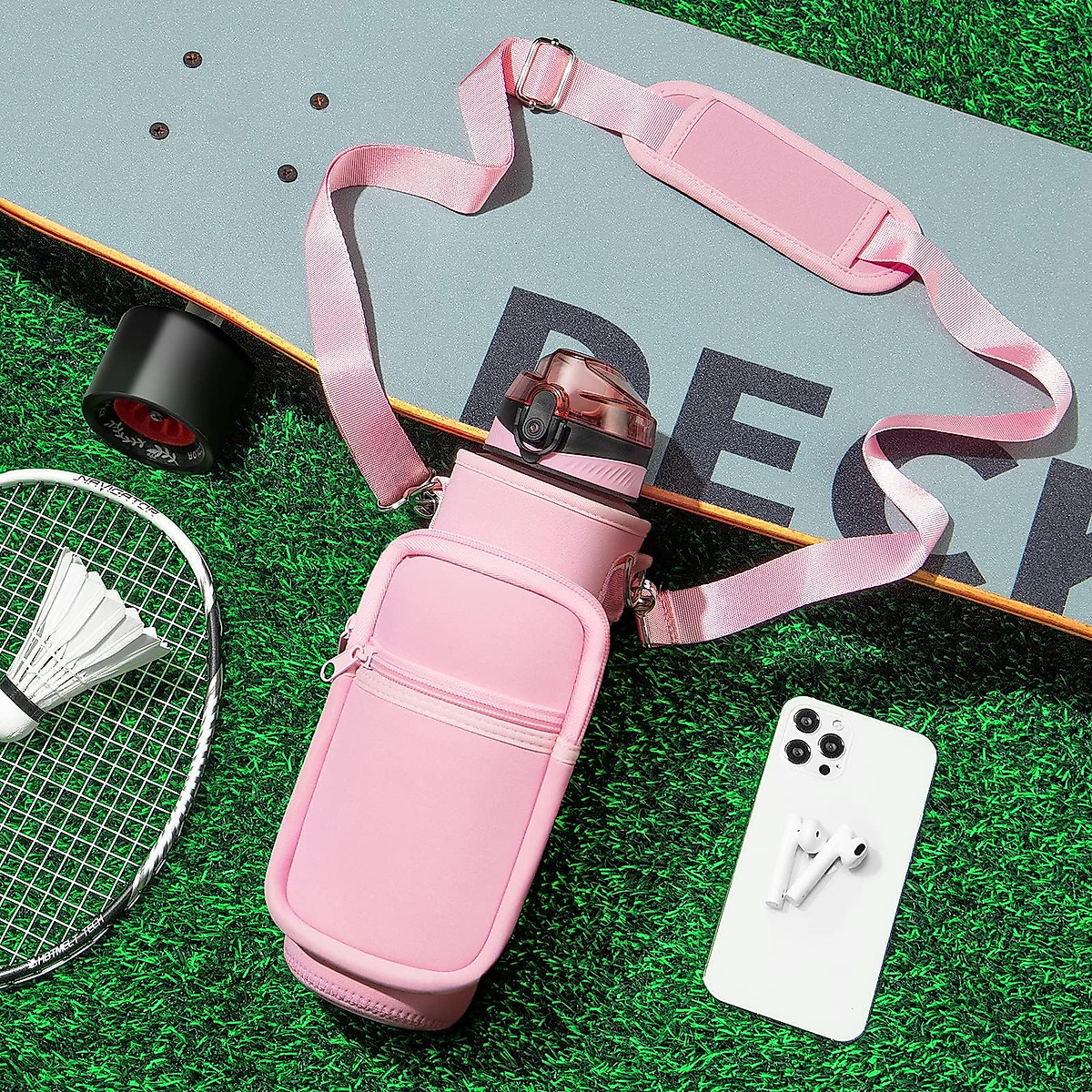 Fimibuke 32 oz Water Bottle with Sleeve - BPA Free Leakproof Sport Large 1L Plastic Motivational Water Bottle with Straw & Strap & Insulated Neoprene Holder Carrier Bag for Women Men(A2.Baby Pink)