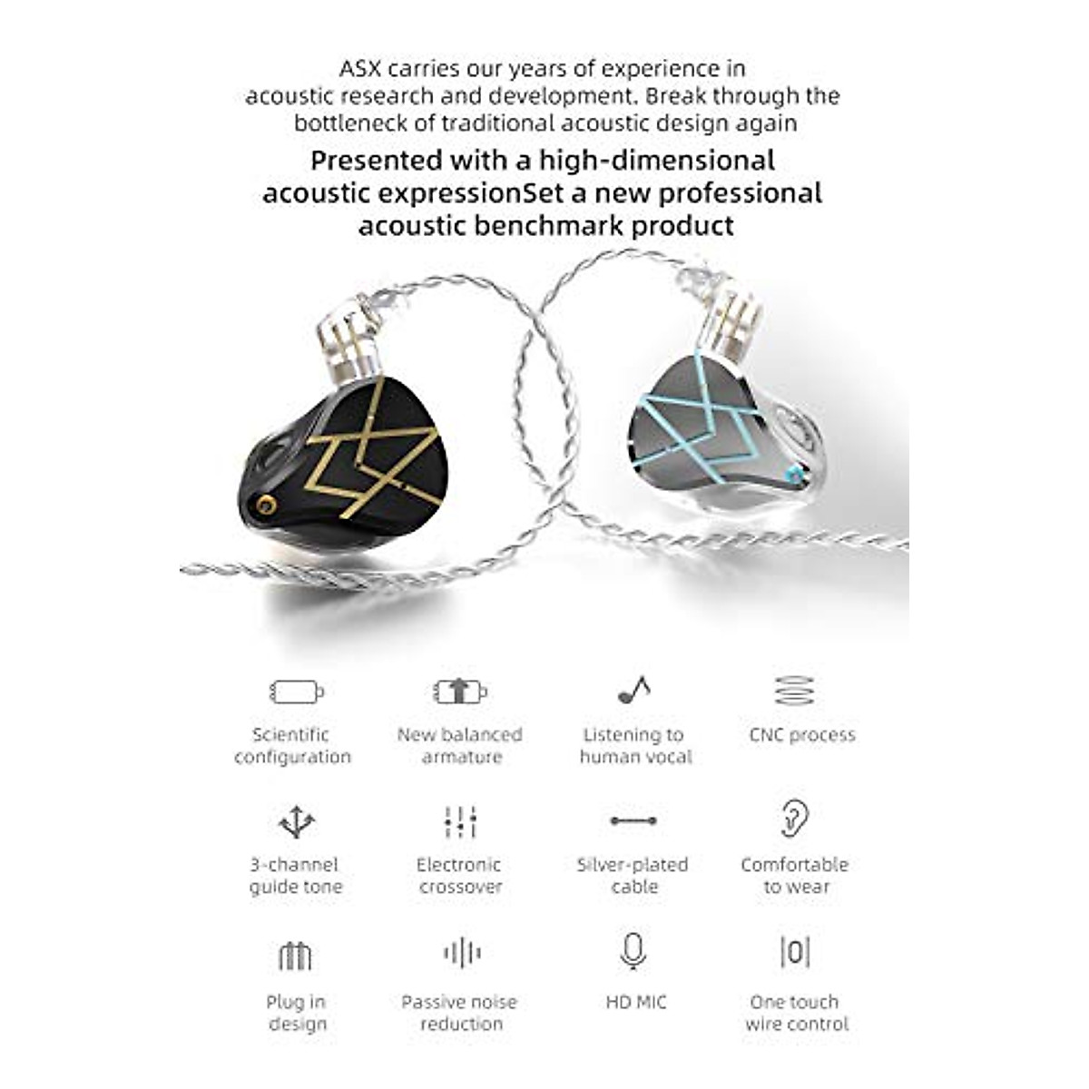 KZ ASX in-Ear Monitors, 10 Balanced Armatures Units per Side Customized HiFi IEM Wired Earphones/Earbuds/Headphones with Detachable Cable 2Pin for Musician Audiophile (Without Mic, Black)
