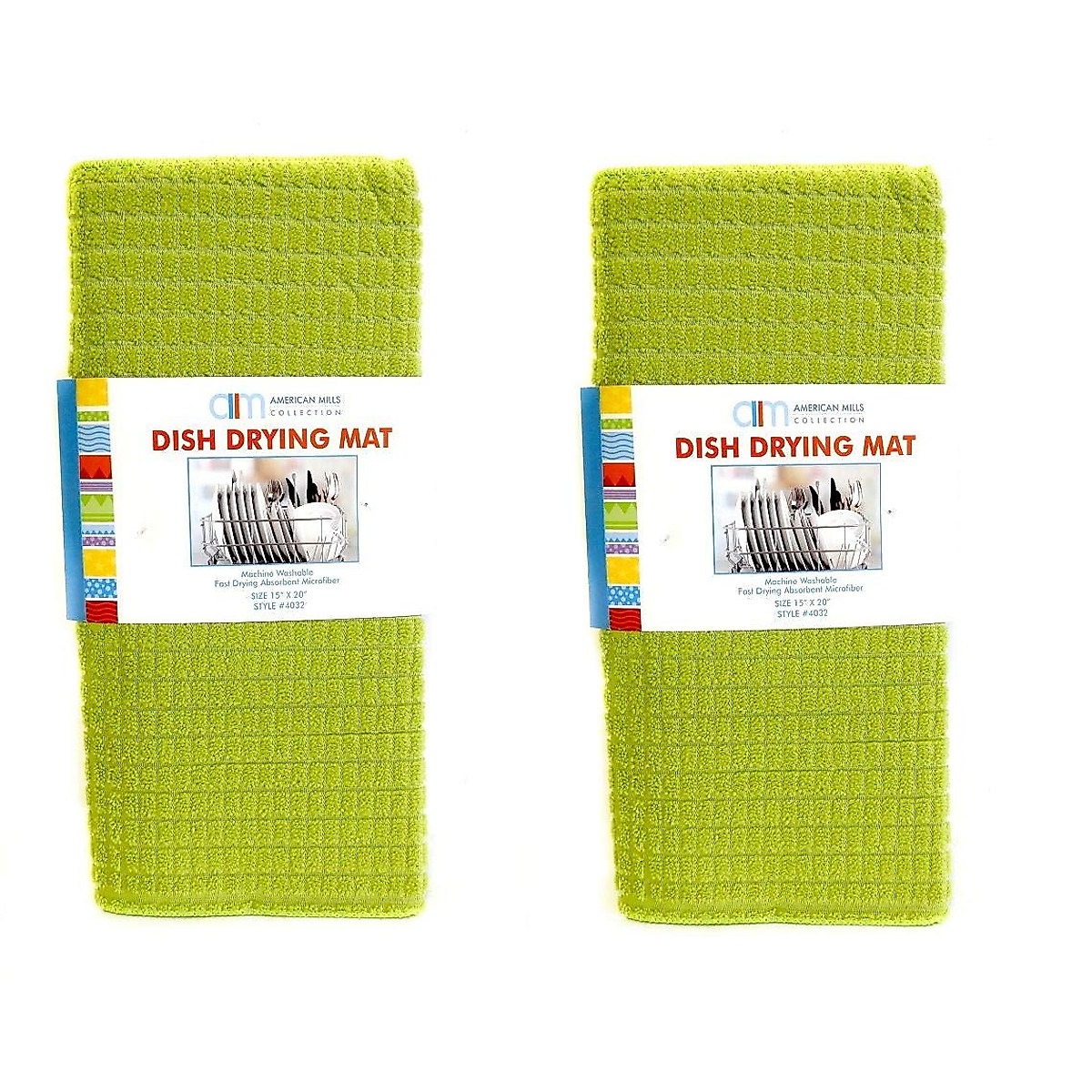 American Mills 2 Pack Embossed Ultra Absorbent Kitchen Microfiber Dish Drying Mat (Green)