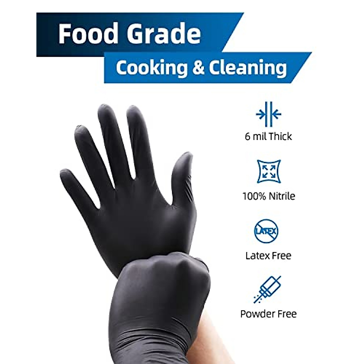 Glovary Black Cooking Gloves Disposable Latex and Powder Free Nitrile Glove Large 6 Mil, 100 Count, Hair Dye Cleaning, Food Grade Handling Service Gloves