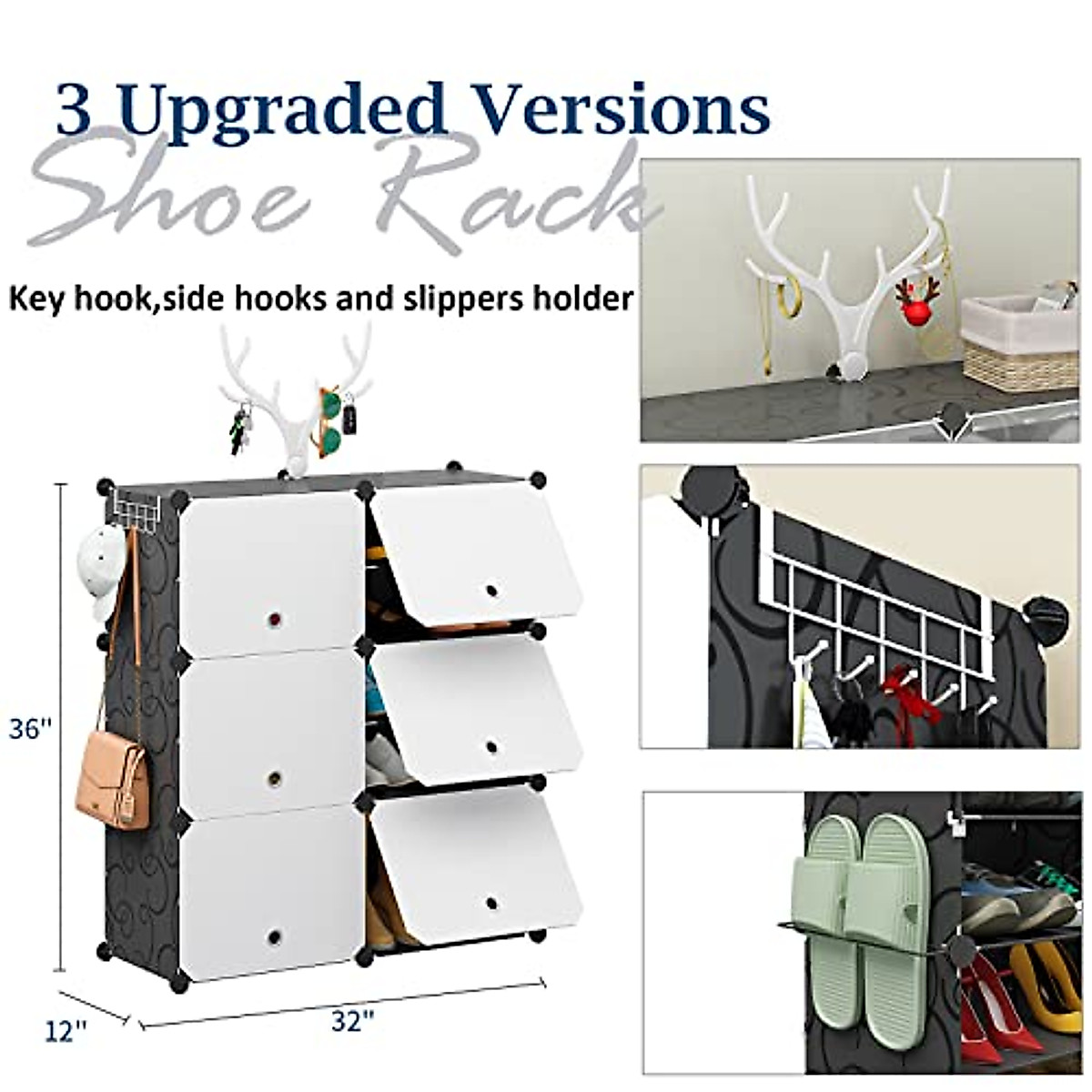 Aeitc Shoe Rack Organizer DIY Shoe Organizer with Key Hook Expandable Shoe Storage Cabinet Stackable Space Saver Shoe Rack for Entryway, Hallway and Closet,48 Pair,white doors