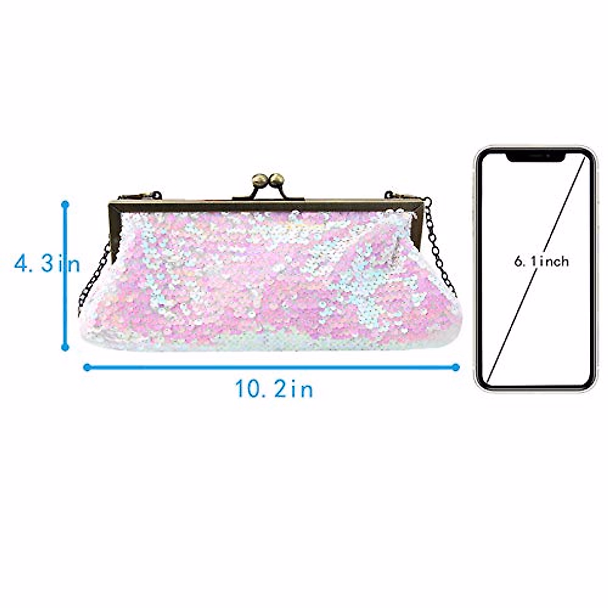 Felice Ann Glitter Mermaid Kissing Lock Sequin Evening Clutch Prom Party Handbag Chain Strap Crossbody Bag White