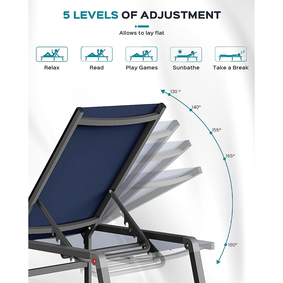 Aluminum Chaise Lounge Ourdoor - Foldable & Assemble Free Outdoor Lounge Chair with 5 Adjustable Backrest, Patio Lounge Chair for Outside Poolside Beach Pool, Navy Blue