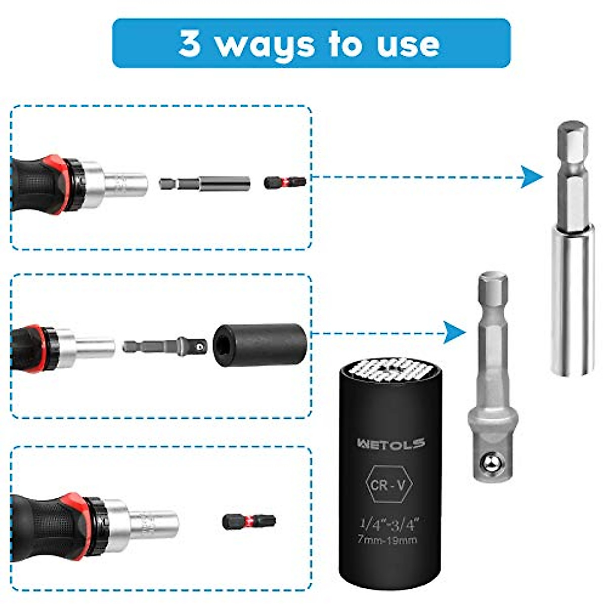 WETOLS Universal Socket Set, Magnetic Ratchet Screwdriver Set, Christmas Stocking Stuffers for Men Him Dad Husband Boyfriend Her, with 10 Impact Bits-Super Socket Unscrew Any Bolt, WE-885