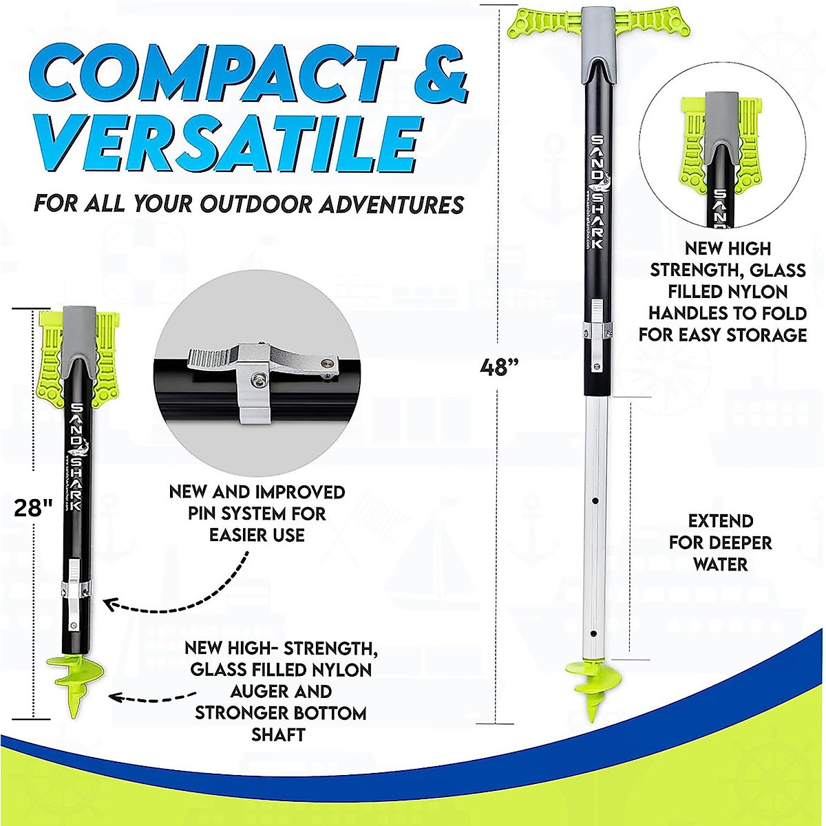 SandShark Supersport 2.0 Boat Anchor - Shallow Water Anchor Pole - Great Jet Ski Anchor, PWC Anchor, Pontoon Boat Accessories for Beach and Sandbar - Adjusts 29"-48" w/Case