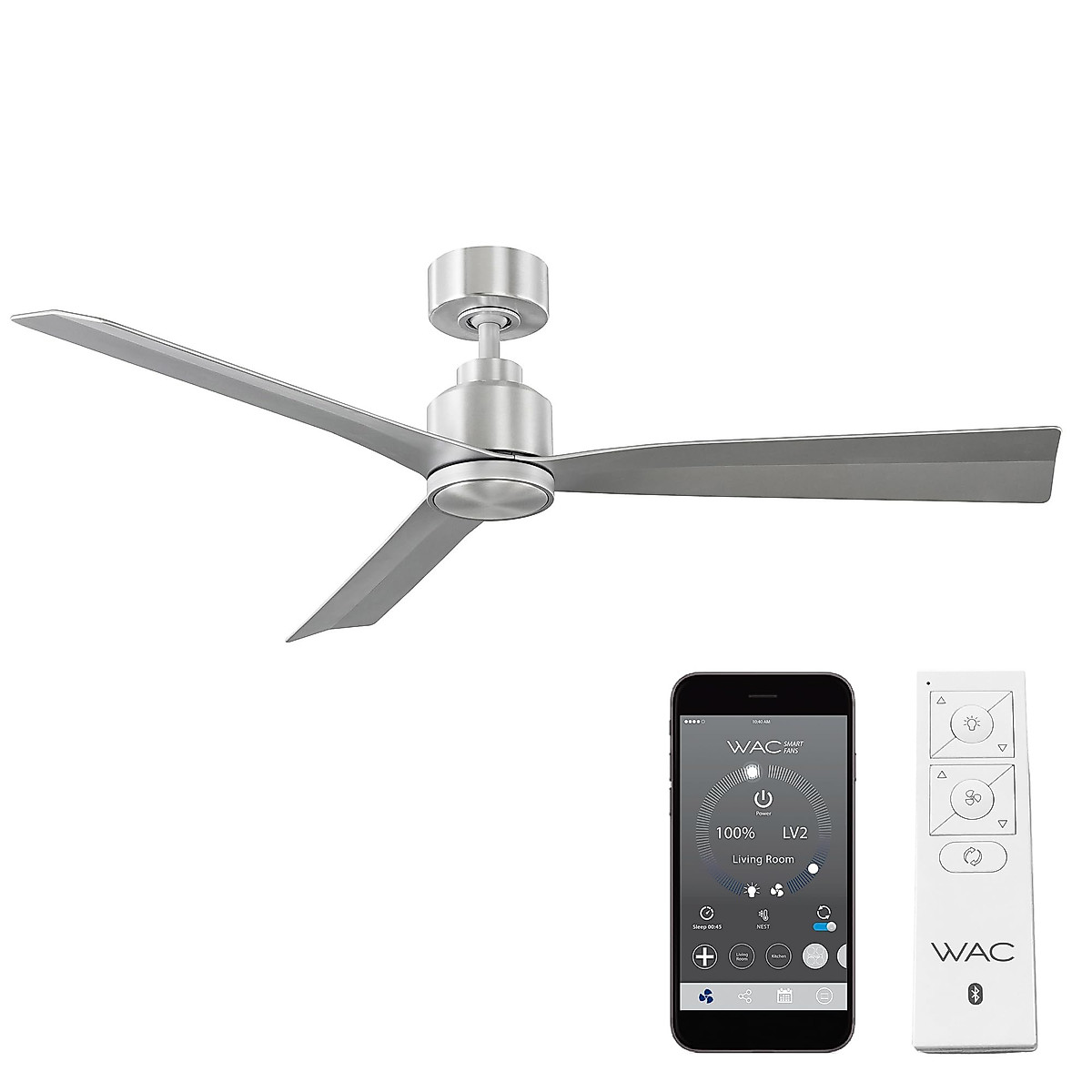 WAC Smart Fans Clean Indoor and Outdoor 3-Blade Ceiling Fan 54in Brushed Aluminum with Remote Control works with Alexa and iOS or Android App