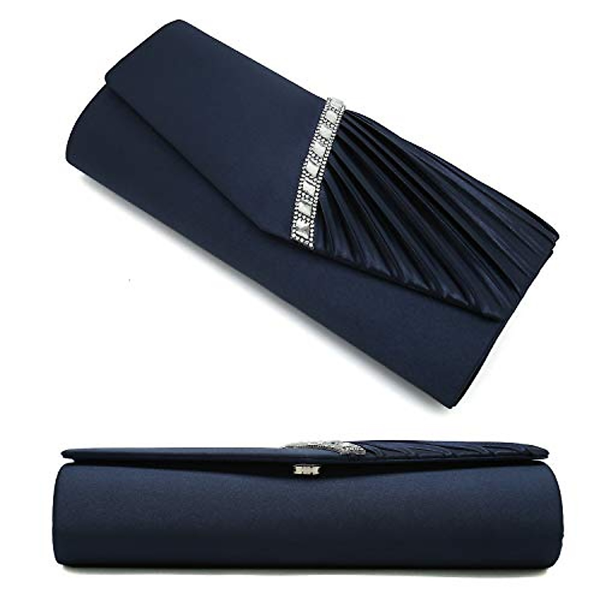 CHARMING TAILOR Evening Handbag Crystal Embellished Purse Pleated Satin Clutch (Navy Blue)
