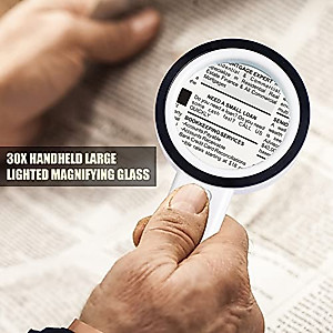 Magnifying Glass with Light, 30X Handheld Magnifying Glass, 12 LED Illuminated Lighted Magnifier for Low Vision Seniors Reading, Macular Degeneration, Soldering, Inspection, Coins, Jewelry, Exploring