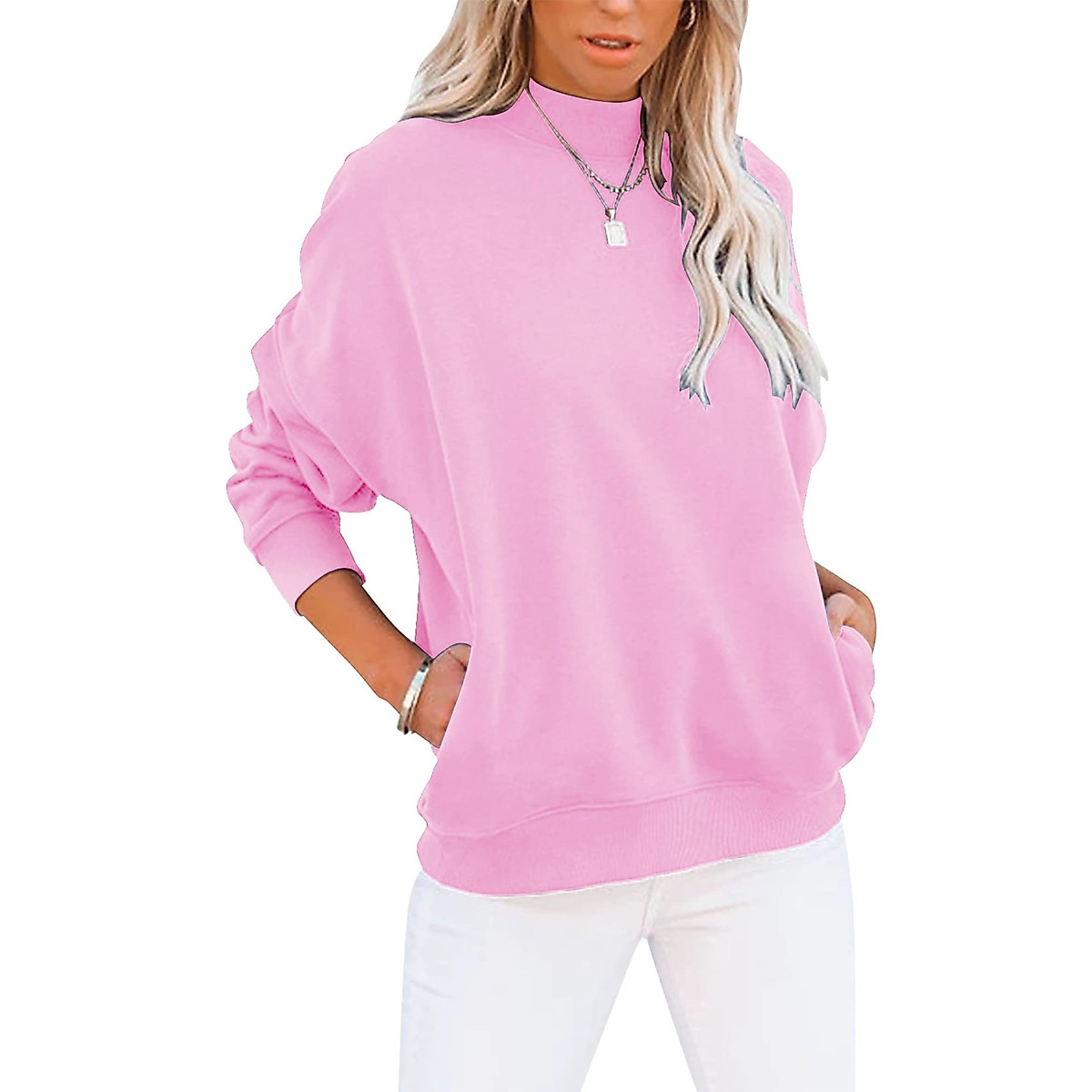 Orchidays Women's Mock turtleneck Long Sleeves Sweatshirts Casual Basic Lightweight Top Loose Fit Rib Pocketed Pullover (Pink,Large,US,Alpha,Adult,Female,Large,Regular,Regular)