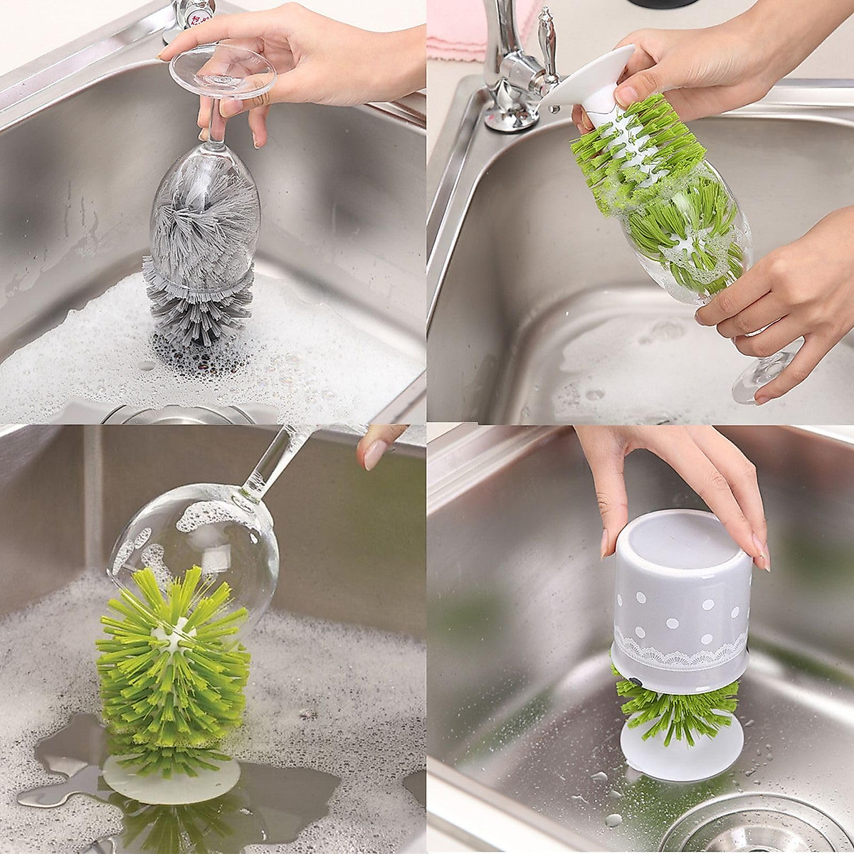 Glass Bottle Bristle Brush with Suction Cup Turtle Scrub Brush Upright Stays in Sink Bristle Scrub Cleaning Brushes for Glassware, Wine Glass, Bottles, etc. (Green)