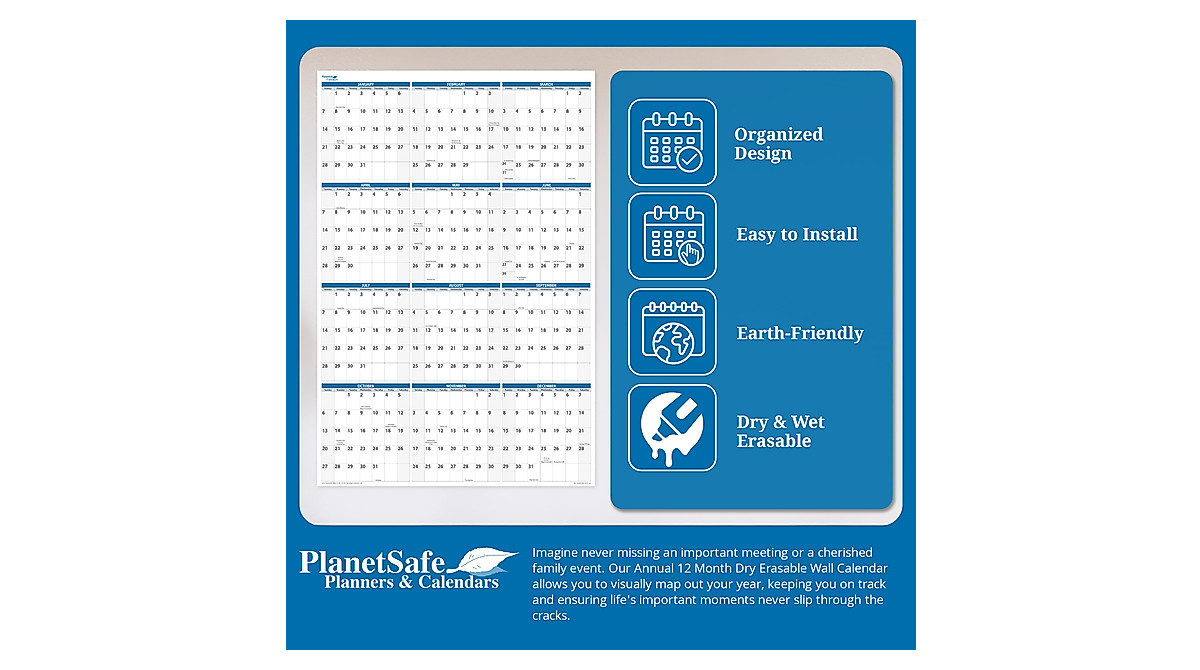 PlanetSafe Calendars 2024 Horizontal Sky Blue Dry-Erase Wall Calendar