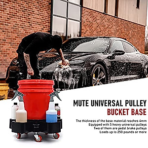 Bucket Dolly 5 Gallon Rolling Bucket Dolly with 5 Rolling Swivel Casters,Heavy Duty Rolling Dolly for Car Wash with Glove ＆ Sand Barrier Net for Car Washing, Detailing, Garage