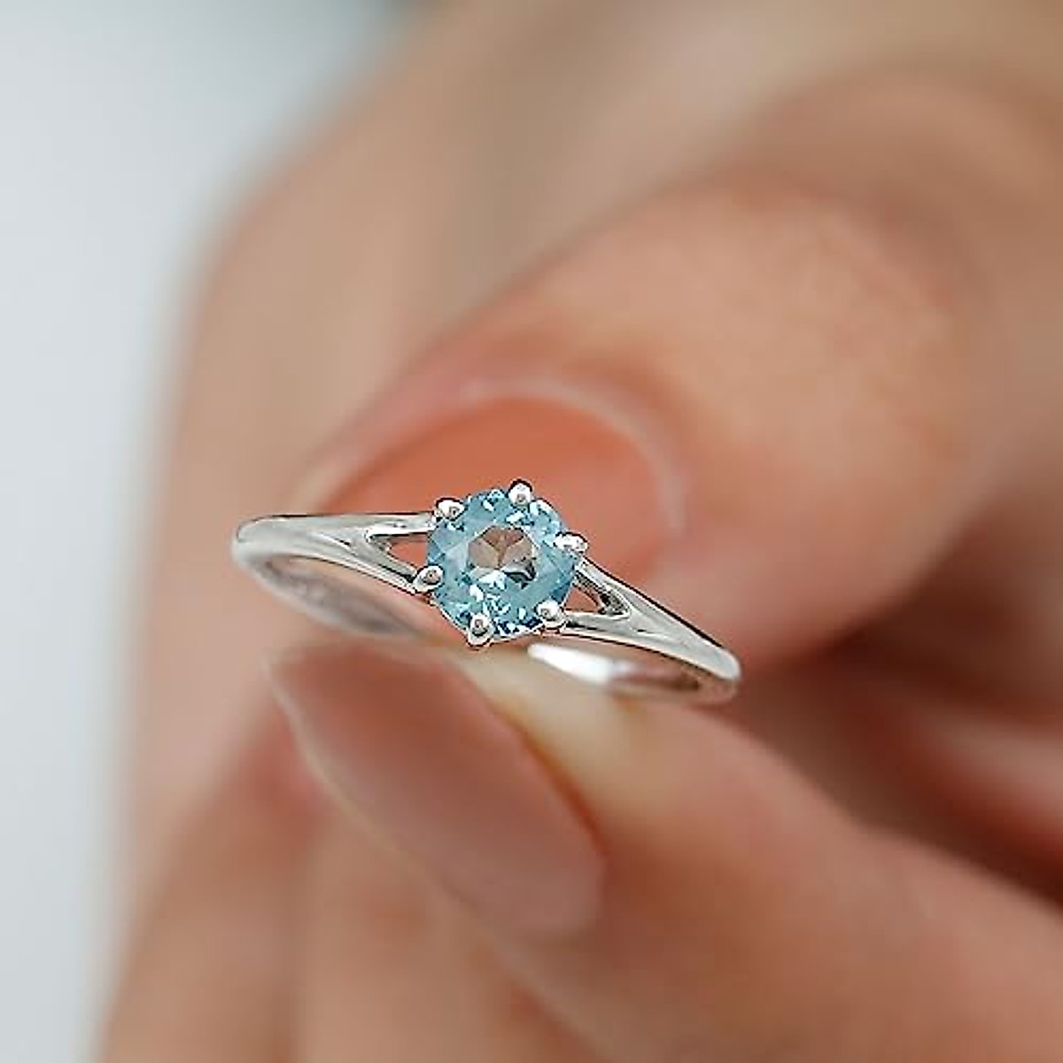Natural Aquamarine Promise Ring for Women, AAA Quality, Certified March Birthstone Ring - With Jewelry Box, 14K White Gold, Size:US 4.00