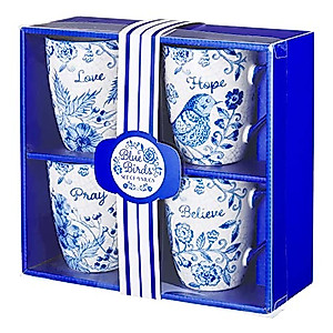 Blue Birds - Believe Hope Pray & Love Inspirational Blue and White Floral Ceramic Coffee/Tea Mug Set for Women Boxed Set/4 Coffee Cups