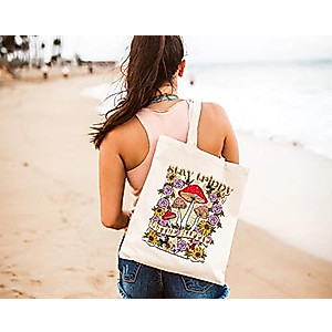 GXVUIS Stay Trippy Little Hippie Canvas Tote Bag for Women Aesthetic Flowers Mushrooms Boho Reusable Grocery Shoulder Bags White