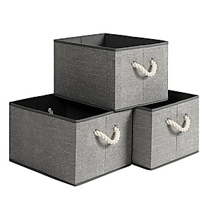 SONGMICS Fabric Storage Boxes, Set of 3 Storage Cubes, Foldable Baskets with Handles, 15.7 x 11.8 x 9.8 Inches, Toy Storage, Linen Pattern, Gray URFB013G01