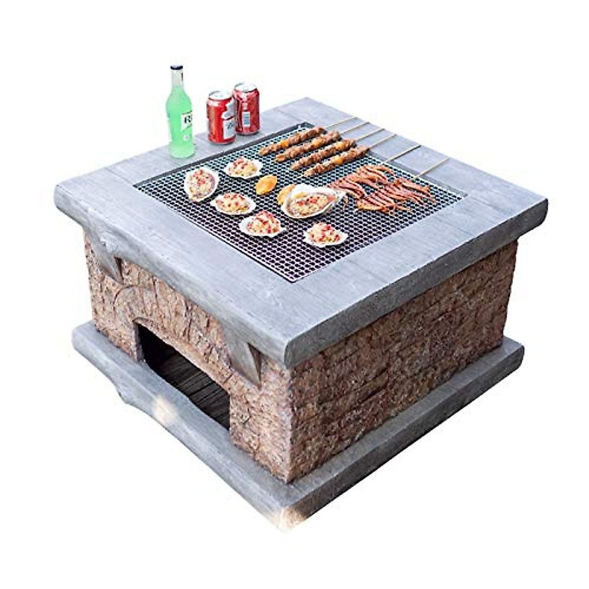 QHYXT Wood Fire Pits Outdoor Imitation Stone Outdoor Firewood Brazier, Backyard Patio Garden Fireplace, BBQ Grill Square Table, with Spark Screen Cover and Poker