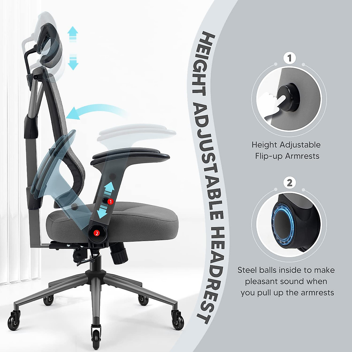 Ergonomic Mesh Office Chair - High Back Home Office Desk Chairs with Adjustable Headrest, 2D Flip-up Arms, Lumbar Support, Tilt Function and Rubber Wheels - Ergonomic Design for Back Pain,Gray
