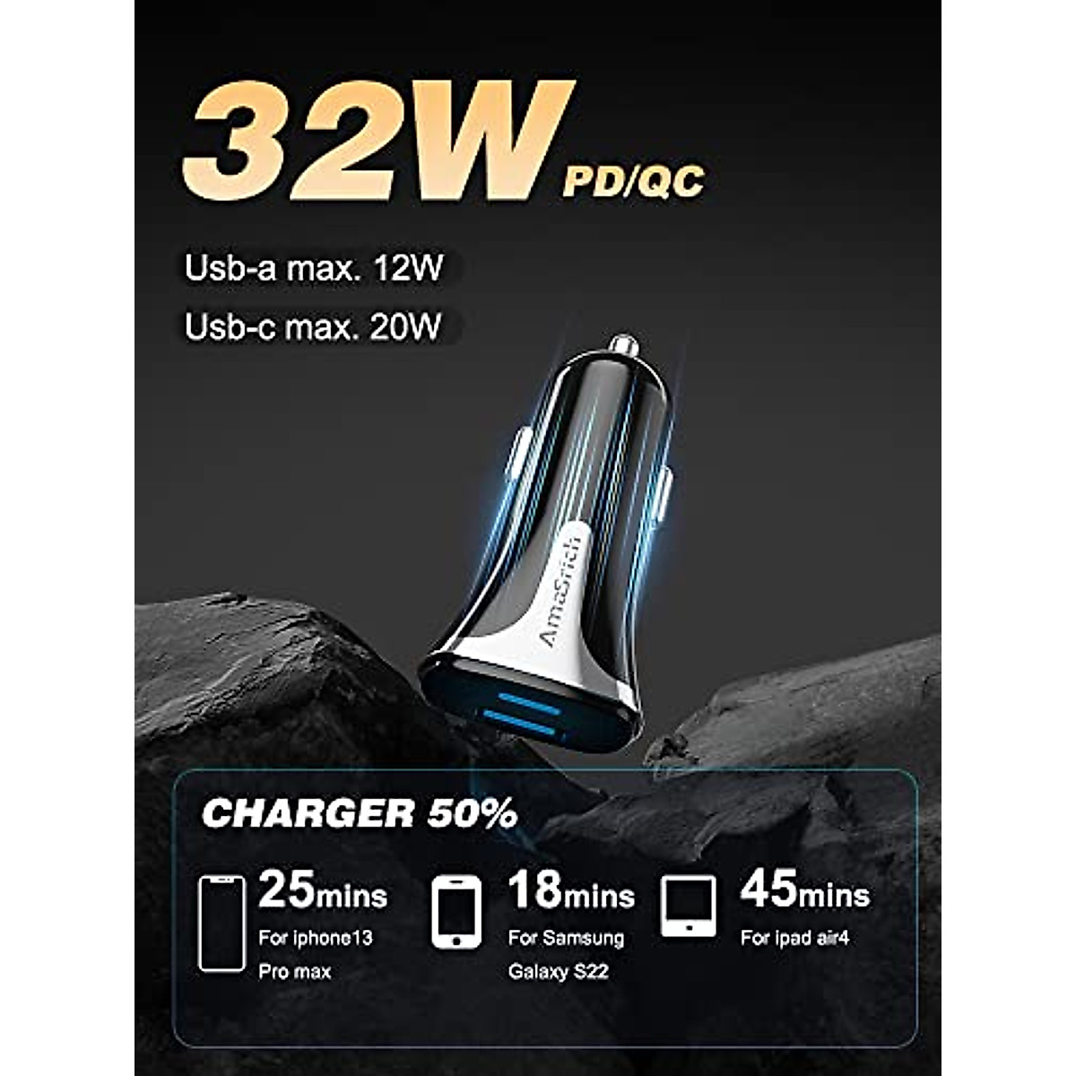 Amasrich 32W Total PD Super Fast Charging Car Charger for iPhone/iPad/Galaxy Note/Galaxy S/Galaxy A/Galaxy Z/GalaxyTab S,20W + 12W Dual Ports