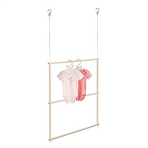 Navaris Baby Hanging Clothes Rack - Beaded Clothing Organizer for Nursery, Kids Room, Bedroom - Wood Bead 30" Hanger Rail with Ceiling Mount Hooks