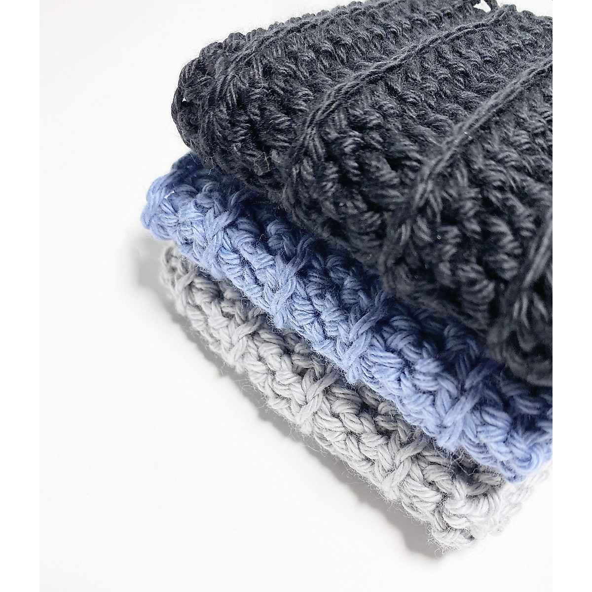 Set of 3 Handmade Crochet Washcloths, 100% cotton washcloths, set of 3, Dish Towels, Dish cloths, Baby washcloths, linen, Black, Blue and Gray Cotton Washcloths