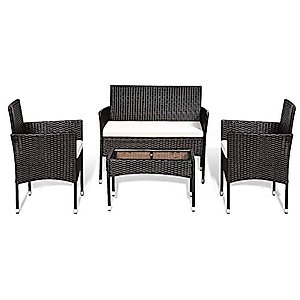 Goplus 4-Piece Rattan Patio Furniture Set, Garden Lawn Pool Backyard Outdoor Sofa Wicker Conversation Set with Glass Coffee Table, Loveseat & 2 Cushioned Chairs