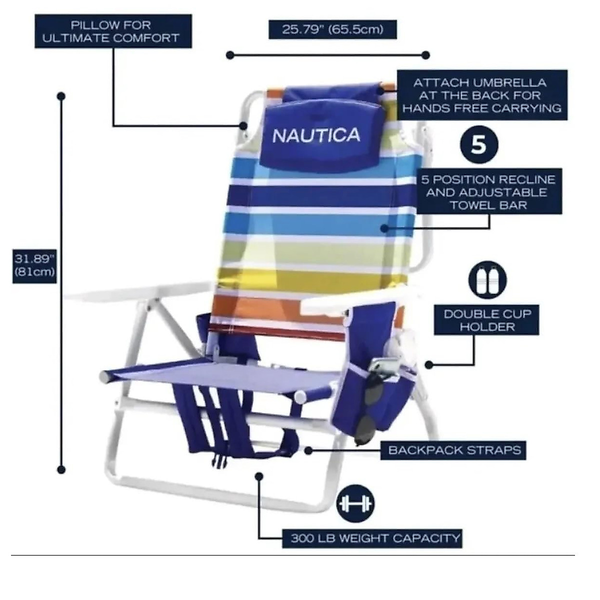 Nautica 5-Position Lay Flat Backpack Beach Chair Rainbow Stripe