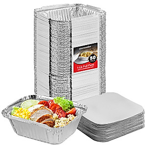 Small Aluminum Pans Take Out Containers (50 Pack) 50 Foil Oblong Pans and 50 Cardboard Lids - 1 Lb Tin Pans - Disposable Food Storage Containers for Cooking, Baking and Meal Prep