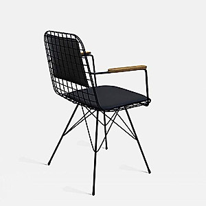 THEIA TASARIM STARLEG Metal Dining Side Arm Chair | Mid Century Modern Wire Design Kitchen Chairs with Faux Leather Seat & Back Pad | Dining Room Arm Chair for Cafe & Bistro | Set of 2 Indoor-Outdoor
