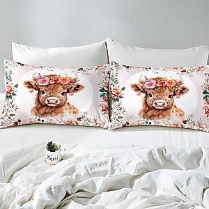 Feelyou Cute Highland Cow Sheet Set Twin Size Kids Cartoon Animal Sheets with Deep Pocket Fitted Sheet for Boys Girls Teens Flower Floral Print Bed Sheets Set Farm Zoo Garden Theme Bedding Set