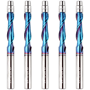 EANOSIC 5PCS Upcut Spiral Flush Trim Router Bit, 1/4 Inch Shank Solid Carbide Flush Trim Router Bits CNC Spiral Bit with Nano Blue Coating(1/4" Shank Up-Cut)