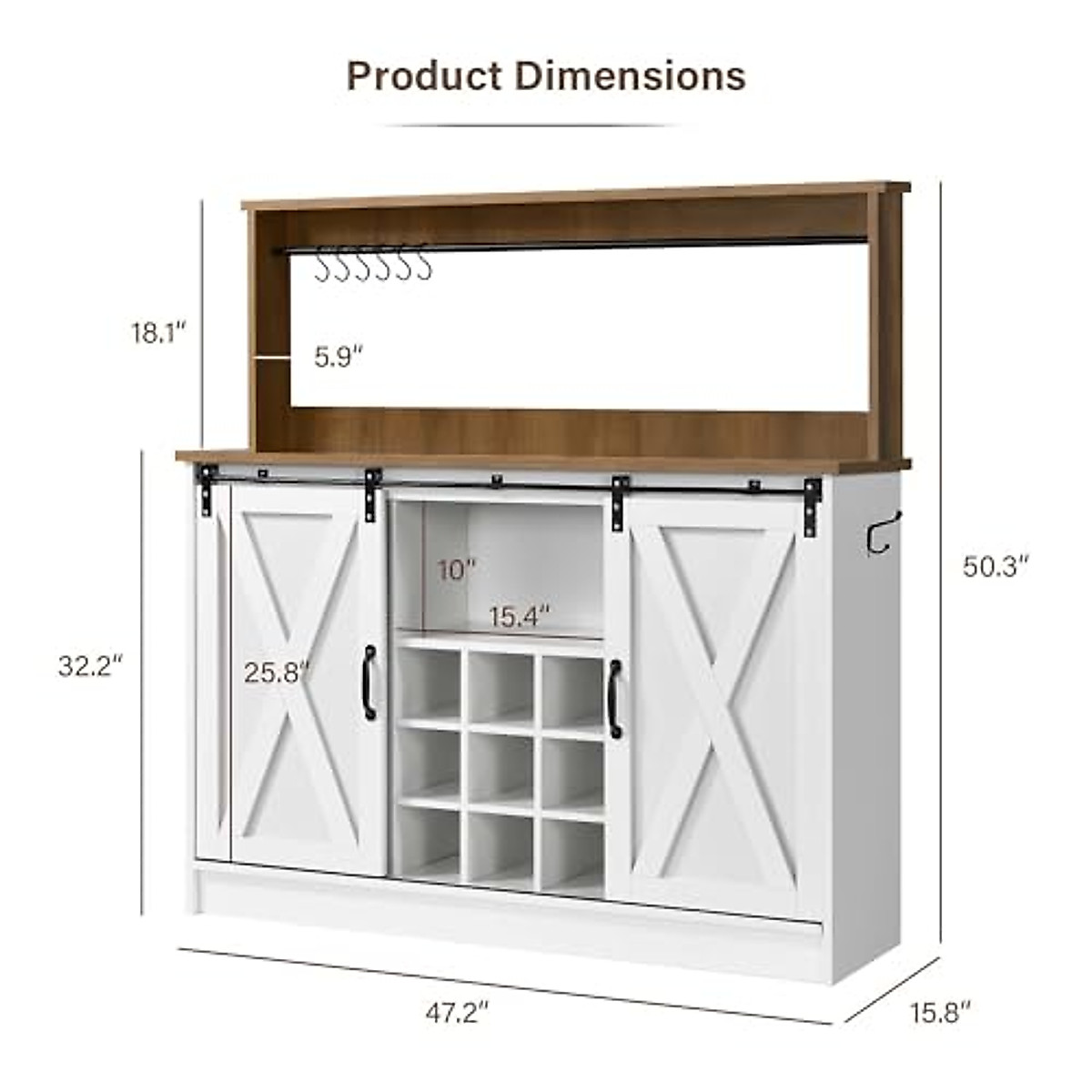 Farmhouse Coffee Bar Cabinet, 47'' Coffee Bar Station with 6 Hooks, Kitchen Coffee Bar with Hutch & 9 Wine Racks, Coffee Bars for Dining Room, White