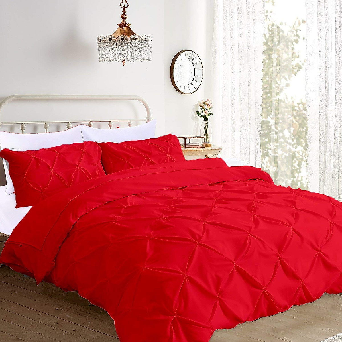 Good Night Bedding Duvet Cover Set - Pinch Pleated 3 Piece Duvet Cover Set 100% Cotton 800 Thread Count with Zipper & Corner Ties Tuffed Pattern Pintuck Decorative (King/Cal King, Red) Duvet Set