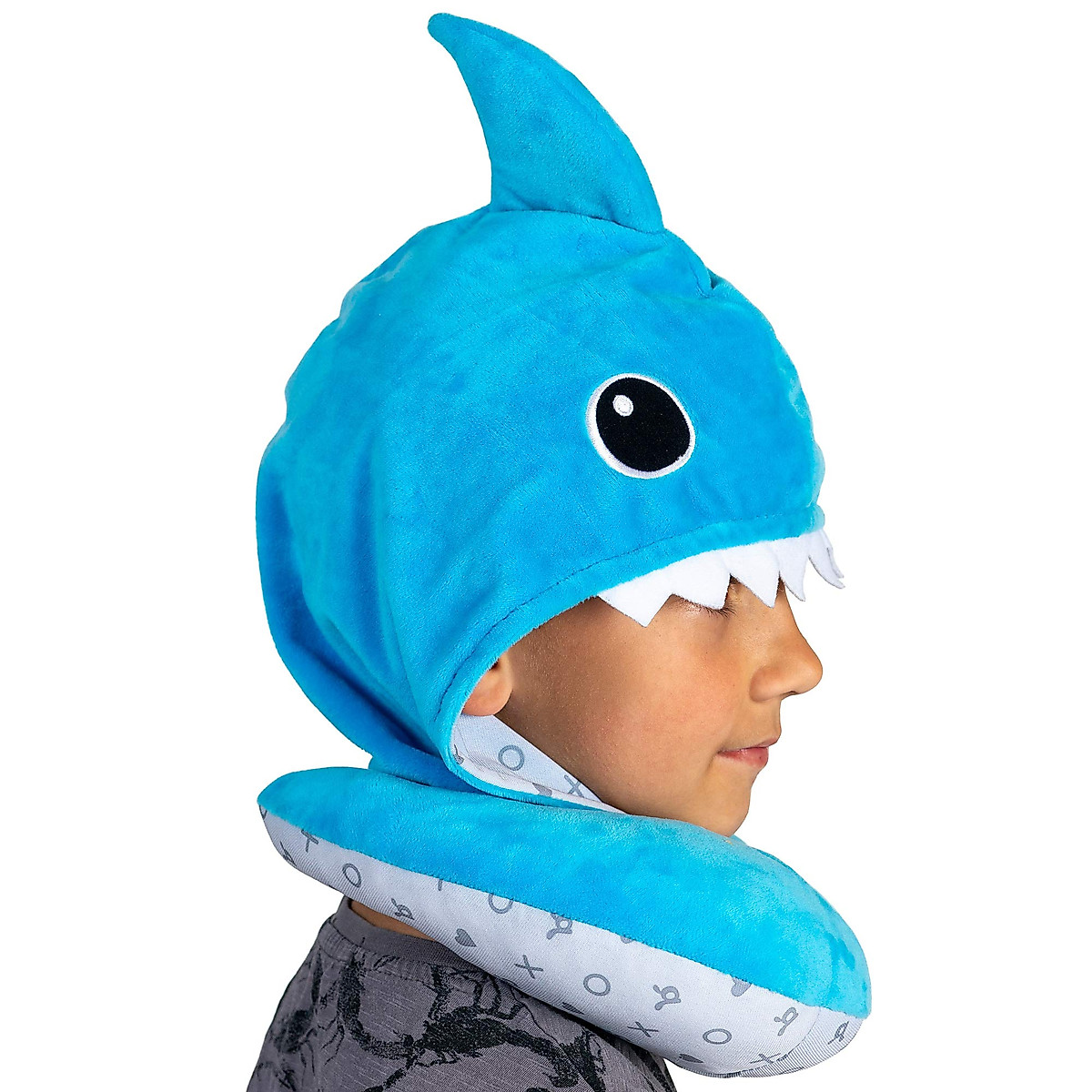 BENBAT Hooded Travel Pillow Neck Support – Soft, Polyester Total Car Seat Head Support for Children 4+ with Magnetic Closure and Ponytail Hole – Machine-Washable Travel Essentials (Shark)