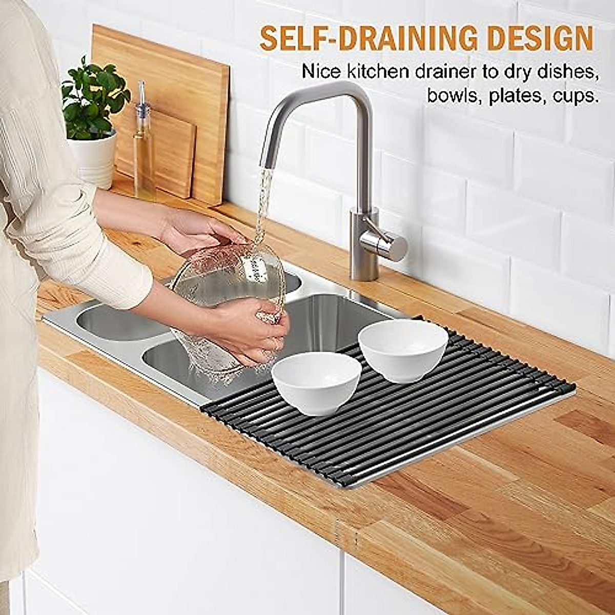 LEMIKKLE Roll Up Dish Drying Rack 17" x 13", Over The Sink Dish Drainer Rack, Foldable Sink Drying Rack, Anti-Slip Silicone Wrapped Dish Drainer for Kitchen Counter (Black 17" x 13")