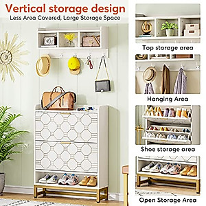 Tribesigns Shoe Storage Cabinet with Cubby Coat Rack, 3-in-1Design Free Standing Entryway Shoe Rack Cabinet with 2 Flip Drawers,5 Hooks,3 Storage Cubbies for Hallway, Mudroom, White and Gold